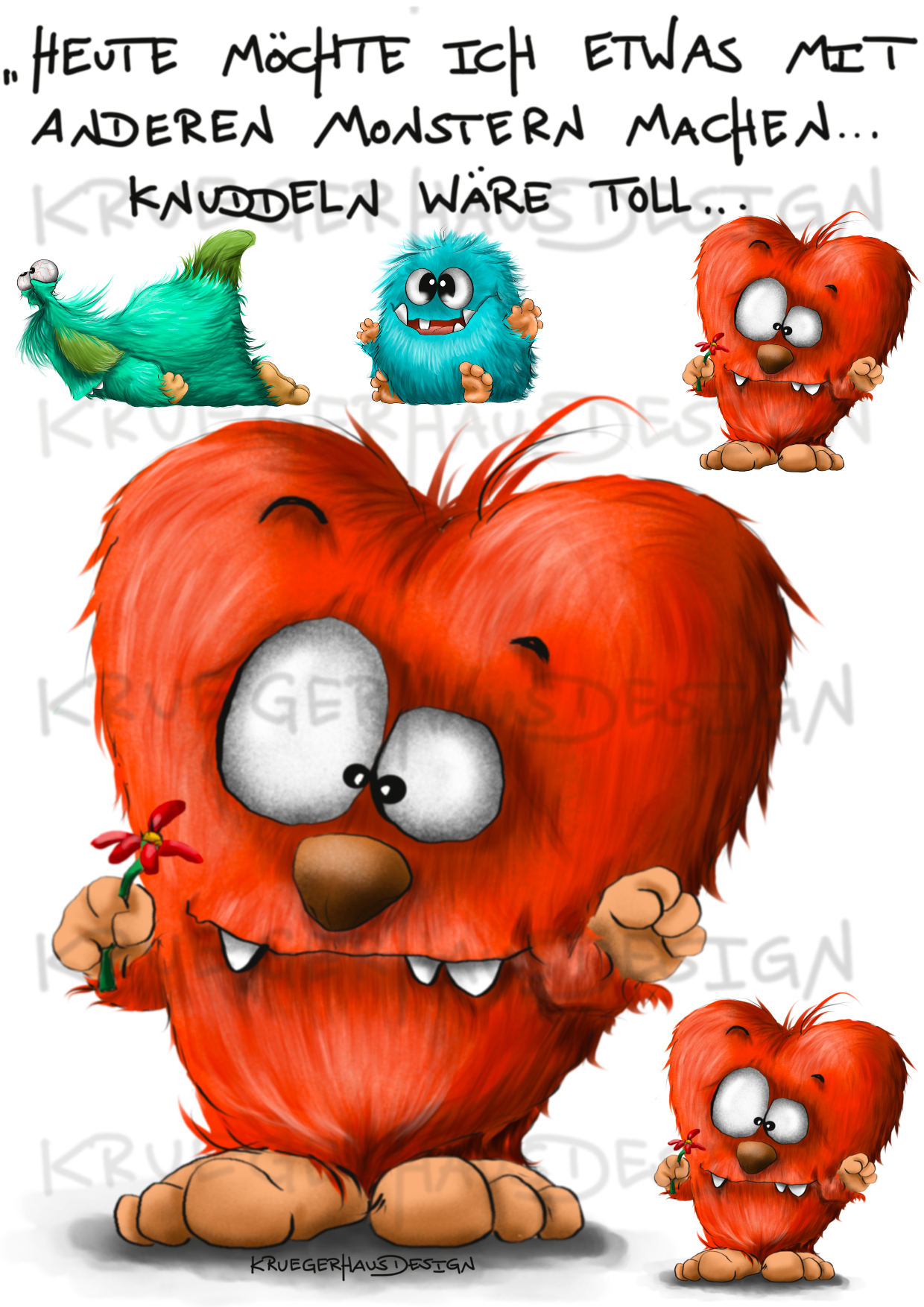 A4 Bügelbild Kruegerhausdesign Monster mit Spruch, Heute möchte ich et